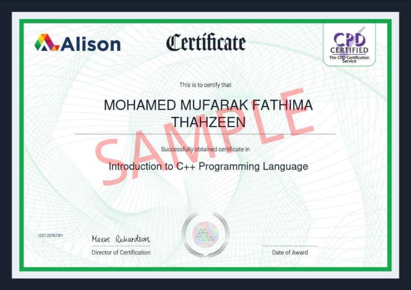 FATHIMA THAHZEEN on LinkedIn: #alison #cplusplus #cprogramming #cpp FATHIMA THAHZEEN on LinkedIn: #alison #cplusplus #cprogramming #cpp
