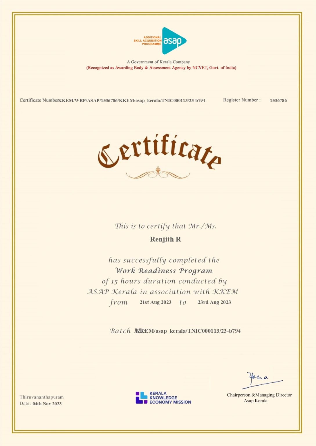 I am successfully completed the Work Readiness Program of 15 hours ... I am successfully completed the Work Readiness Program of 15 hours ...