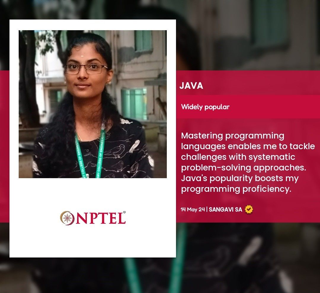 Sangavi Arivalagan on LinkedIn: #javaprogramming #nptel #iitkharagpur # ... Sangavi Arivalagan on LinkedIn: #javaprogramming #nptel #iitkharagpur # ...