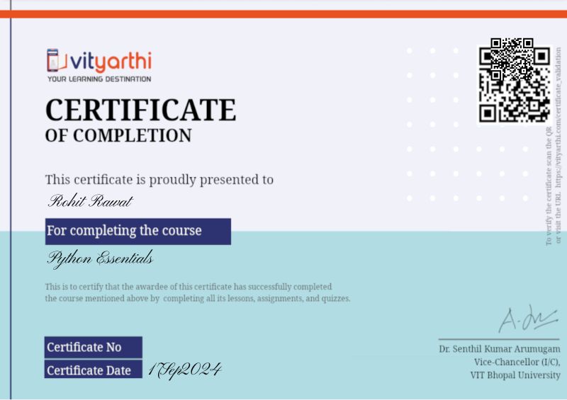 Rohit Rawat on LinkedIn: #python #certification #vitbhopal #coding # ... Rohit Rawat on LinkedIn: #python #certification #vitbhopal #coding # ...
