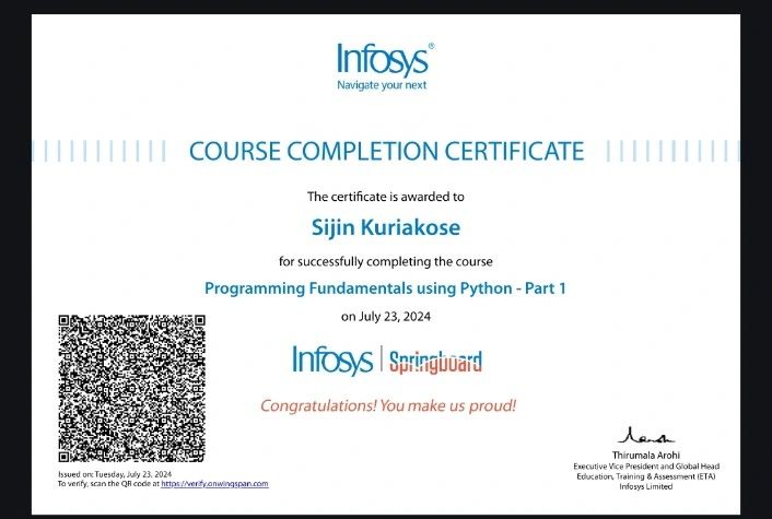 I have completed a course of Infosys Programming Fundamentals of python ... I have completed a course of Infosys Programming Fundamentals of python ...