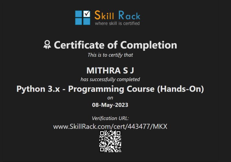 Mithra S J on LinkedIn: completed a basic Python course in Skill rack Mithra S J on LinkedIn: completed a basic Python course in Skill rack