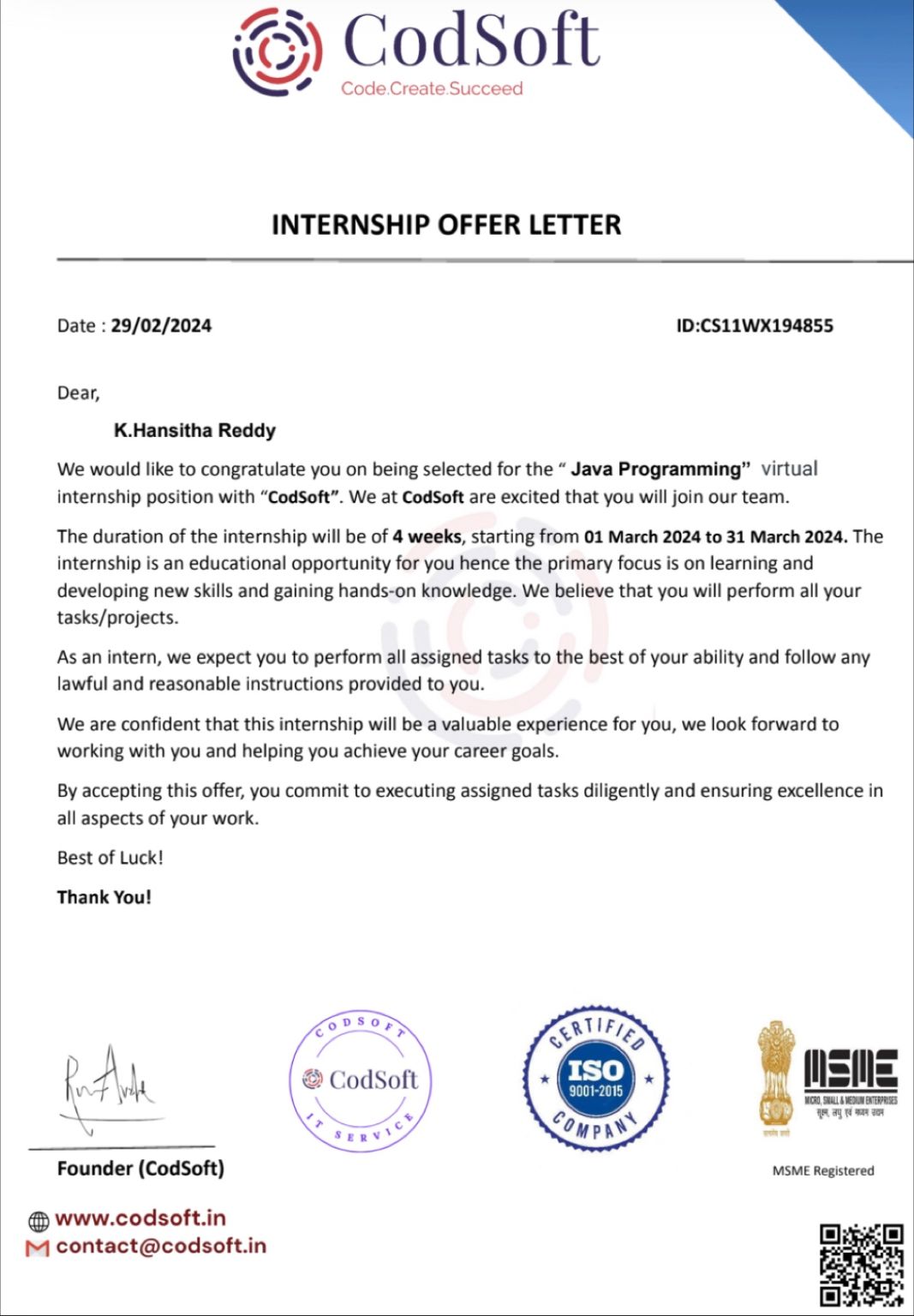 Hansitha Reddy on LinkedIn: #codsoft #codsoft #internship #javaprogramming Hansitha Reddy on LinkedIn: #codsoft #codsoft #internship #javaprogramming