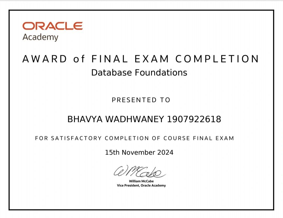 Bhavya Wadhwaney on LinkedIn: #oracleacademy #databasefoundations # ... Bhavya Wadhwaney on LinkedIn: #oracleacademy #databasefoundations # ...