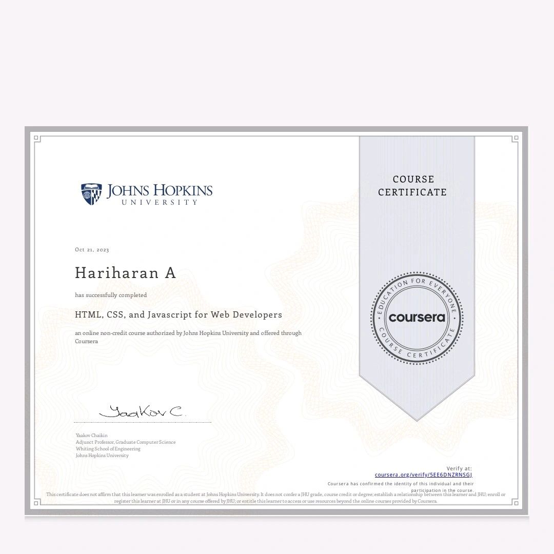 Hariharan A on LinkedIn: I completed my HTML ,CSS , JavaScript Hariharan A on LinkedIn: I completed my HTML ,CSS , JavaScript