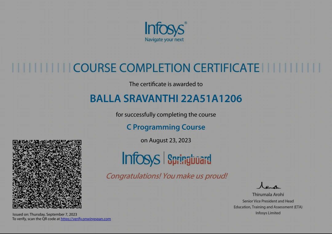 Balla Sravanthi on LinkedIn: #c #programmingcourse #infosys Balla Sravanthi on LinkedIn: #c #programmingcourse #infosys