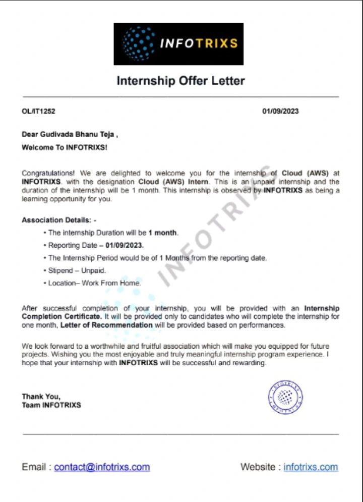 Bhanu Teja G on LinkedIn: #infotrixsteam #infotrixsinternship Bhanu Teja G on LinkedIn: #infotrixsteam #infotrixsinternship