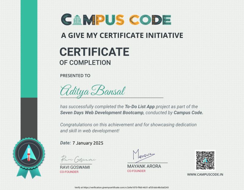 Aditya Bansal on LinkedIn: #campuscode #webdevelopment #certificate Aditya Bansal on LinkedIn: #campuscode #webdevelopment #certificate