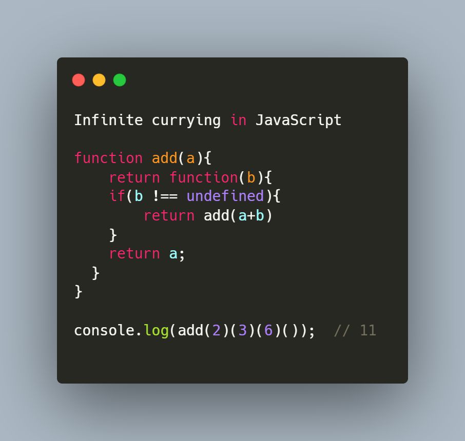 Bittu Kumar on LinkedIn: Implement infinite currying in JavaScript ... Bittu Kumar on LinkedIn: Implement infinite currying in JavaScript ...