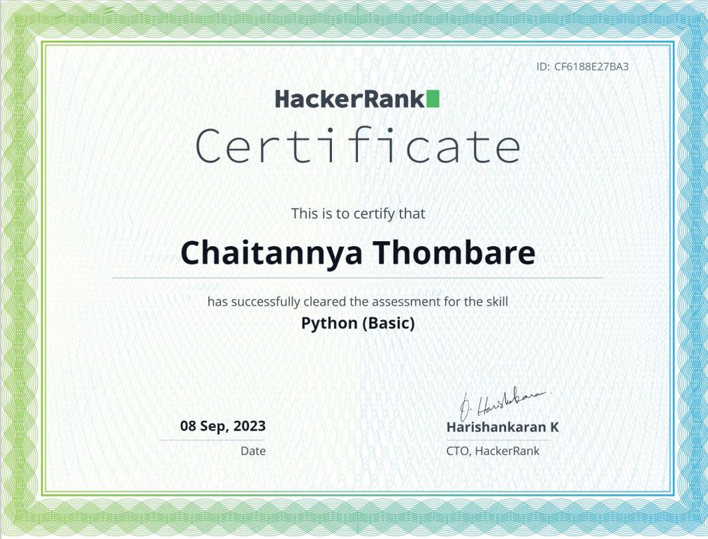 Chaitannya Thombare on LinkedIn: #pythoncertification #hackerrank # ... Chaitannya Thombare on LinkedIn: #pythoncertification #hackerrank # ...
