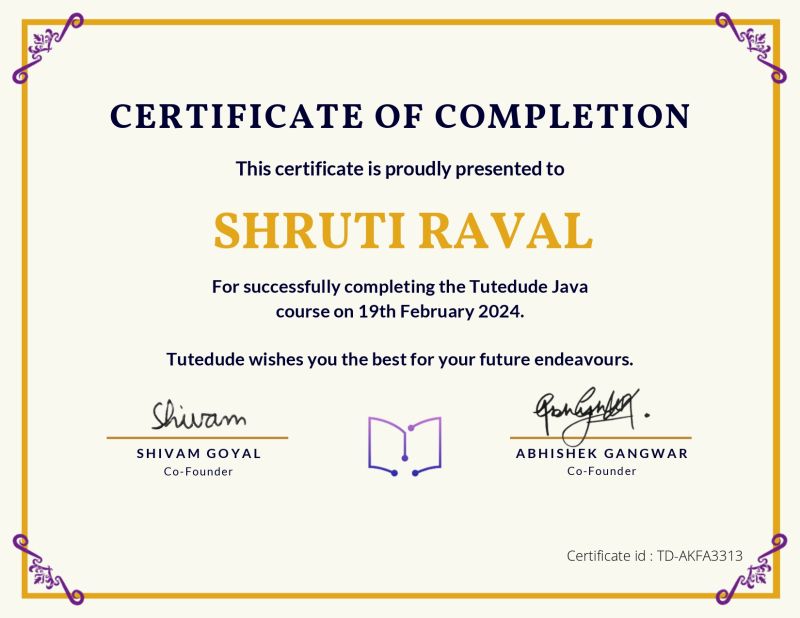 Completed Java course with Tutedude | Shruti Raval posted on the topic ... Completed Java course with Tutedude | Shruti Raval posted on the topic ...