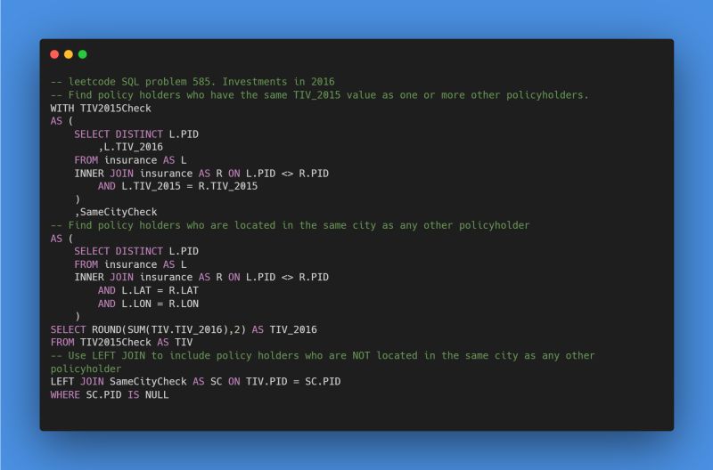 LeetCode SQL50 Challenge: Investing in 2016 tiv_2016 | Abhishek Nilekar ... LeetCode SQL50 Challenge: Investing in 2016 tiv_2016 | Abhishek Nilekar ...