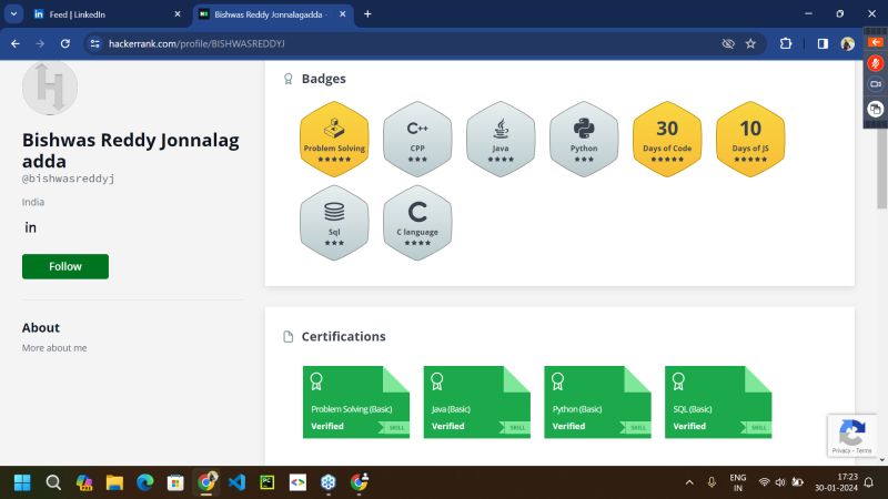 Earned multiple HackerRank badges and certifications. | Bishwas Reddy ... Earned multiple HackerRank badges and certifications. | Bishwas Reddy ...