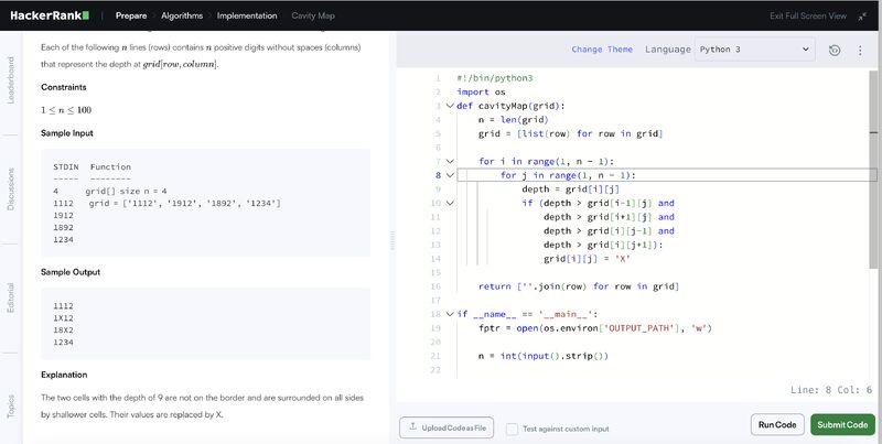 🕳️ Day 94 – HackerRank Problem: Cavity Map | Mukul Pathak 🕳️ Day 94 – HackerRank Problem: Cavity Map | Mukul Pathak