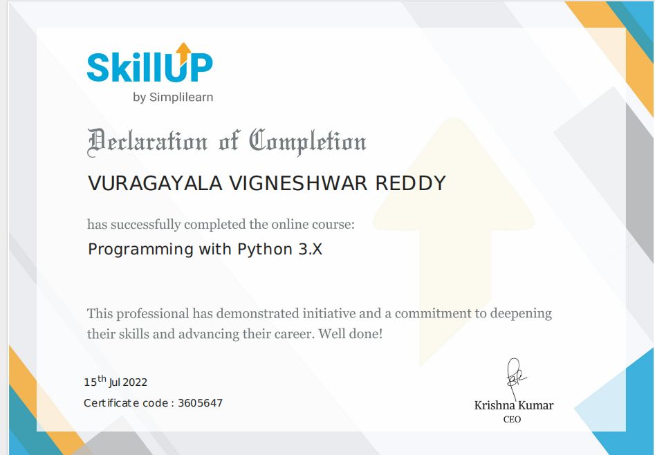 Completed Programming with Python 3.x course | Vignesh v posted on the ... Completed Programming with Python 3.x course | Vignesh v posted on the ...