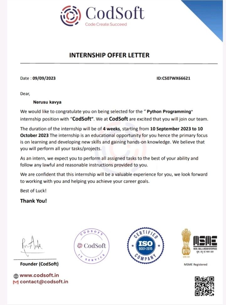kavya nerusu on LinkedIn: #thankyou #codsoft kavya nerusu on LinkedIn: #thankyou #codsoft