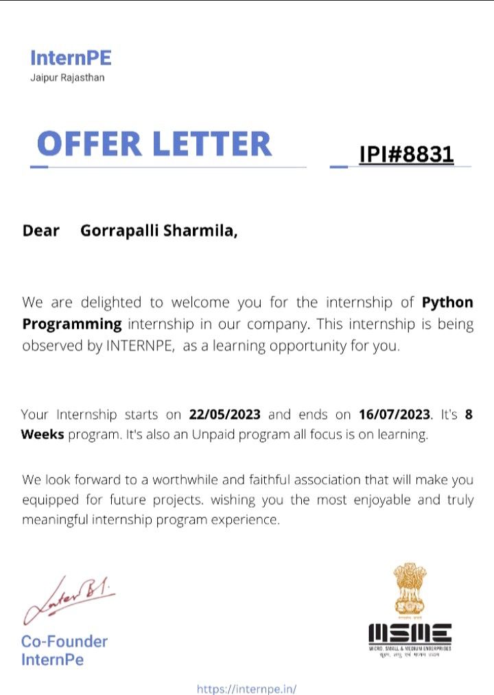 Sharmila Gorrapalli on LinkedIn: #pythonprogramming #intern #internship ... Sharmila Gorrapalli on LinkedIn: #pythonprogramming #intern #internship ...