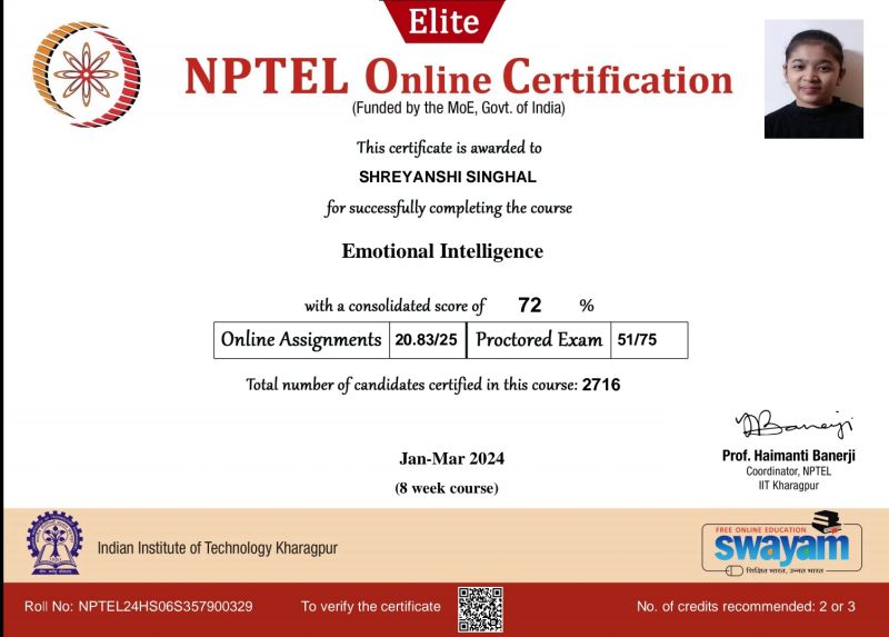 Shreyanshi Singhal on LinkedIn: #emotionalintelligence #nptel Shreyanshi Singhal on LinkedIn: #emotionalintelligence #nptel