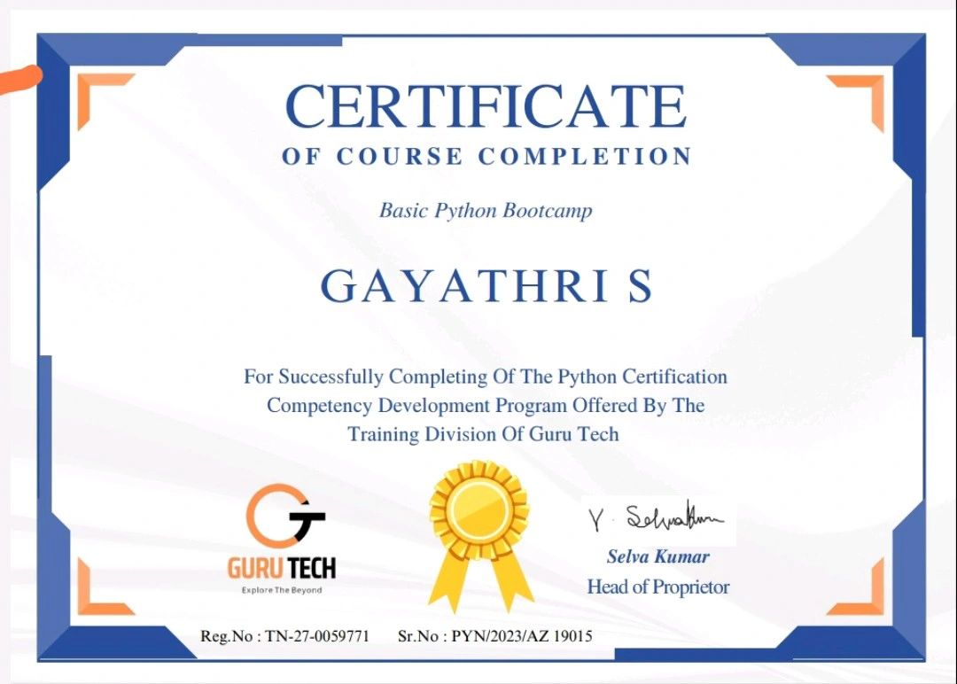 Gayathri Saravanan on LinkedIn: #python #certification #gurutech Gayathri Saravanan on LinkedIn: #python #certification #gurutech