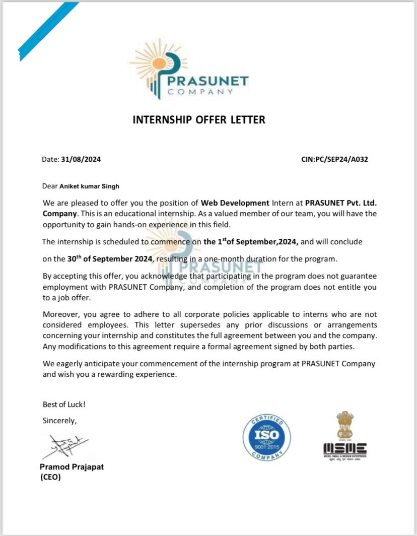 Aniket Singh on LinkedIn: #webdevelopment #internship #prasunetcampany ... Aniket Singh on LinkedIn: #webdevelopment #internship #prasunetcampany ...