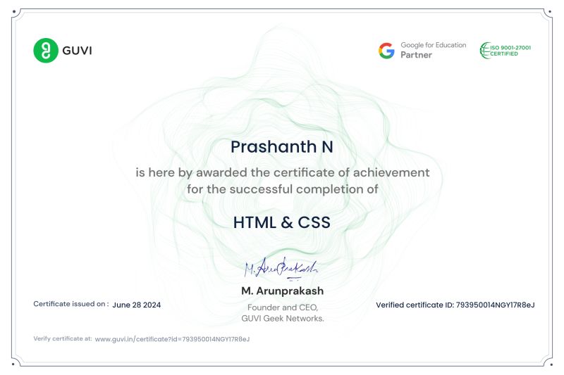 Completed HTML and CSS course with Guvi | Prashanth N posted on the ... Completed HTML and CSS course with Guvi | Prashanth N posted on the ...