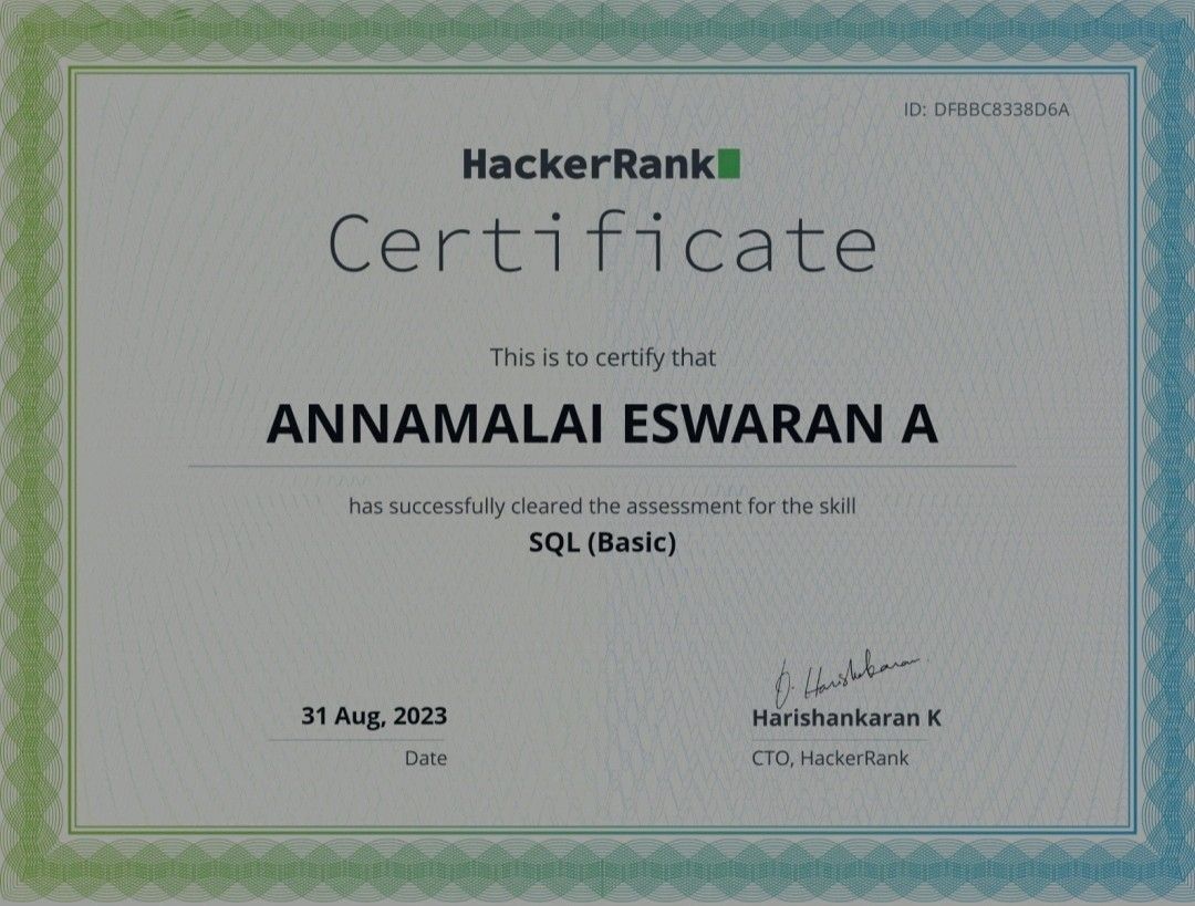 Annamalai Eswaran A on LinkedIn: #sql #hackerrank #certification Annamalai Eswaran A on LinkedIn: #sql #hackerrank #certification