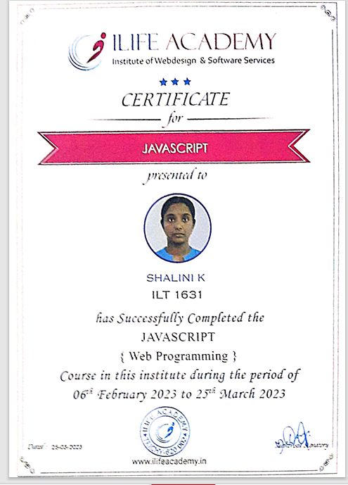 SHALINI K on LinkedIn: Certified for completing - JavaScript course ... SHALINI K on LinkedIn: Certified for completing - JavaScript course ...