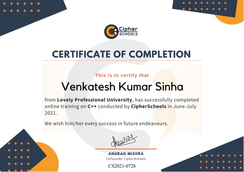 Venkatesh Kumar Sinha on LinkedIn: #cplusplus #certified #starperformer Venkatesh Kumar Sinha on LinkedIn: #cplusplus #certified #starperformer