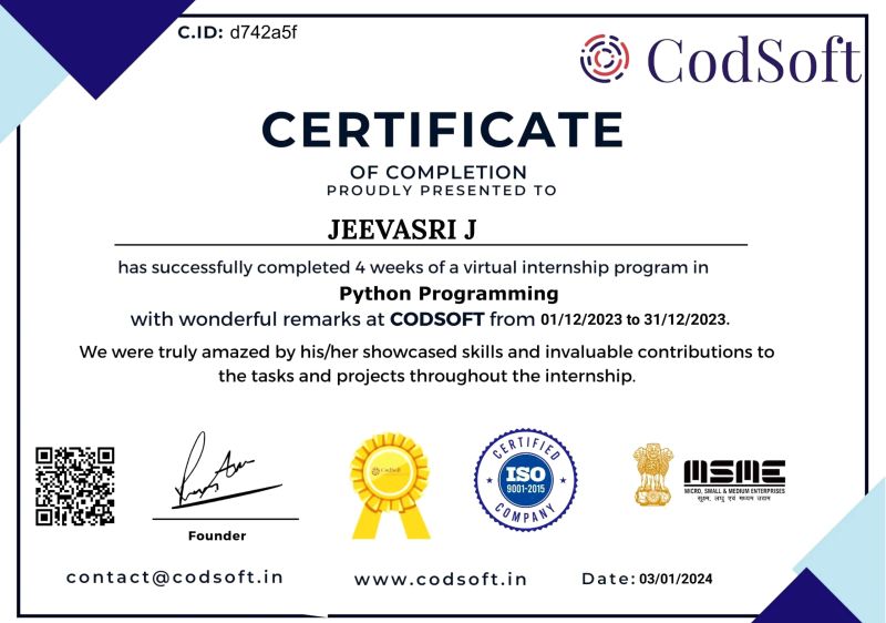 Jeevasri J on LinkedIn: #codsoftinternship #pythonprogramming Jeevasri J on LinkedIn: #codsoftinternship #pythonprogramming