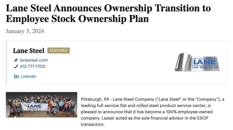 Lazear ESOP | M&A Advisors on LinkedIn: Lane Steel BizSpotlight ... Lazear ESOP | M&A Advisors on LinkedIn: Lane Steel BizSpotlight ...