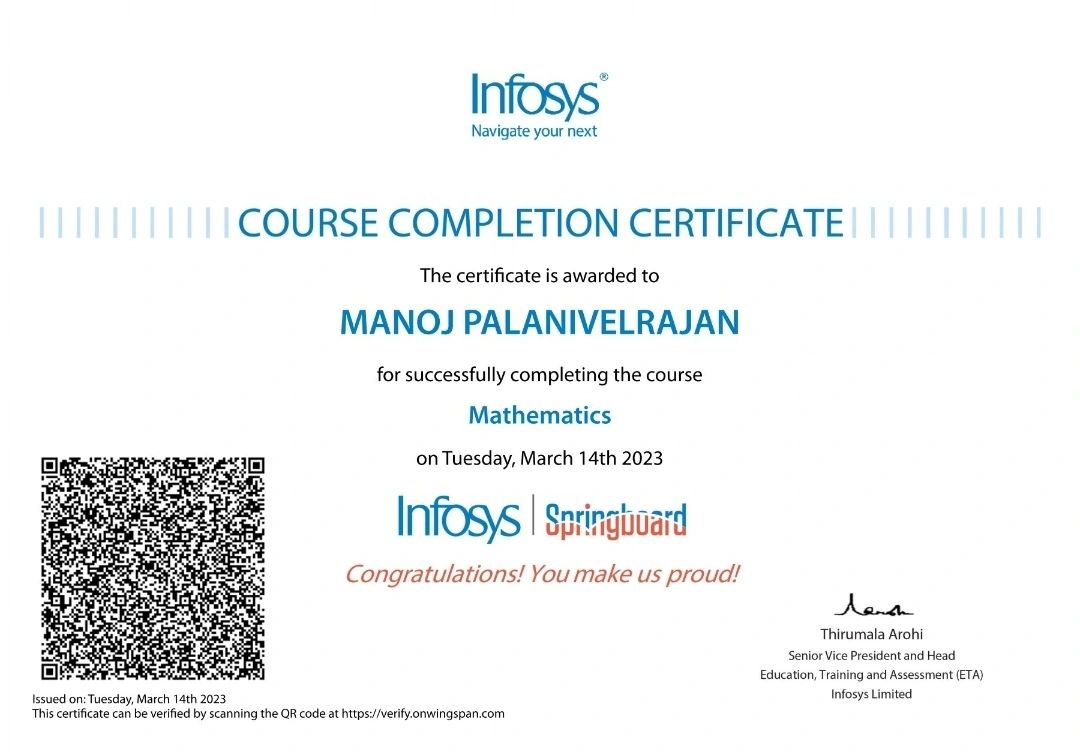 Manoj Palanivelrajan on LinkedIn: #mathematicscertificate # ... Manoj Palanivelrajan on LinkedIn: #mathematicscertificate # ...