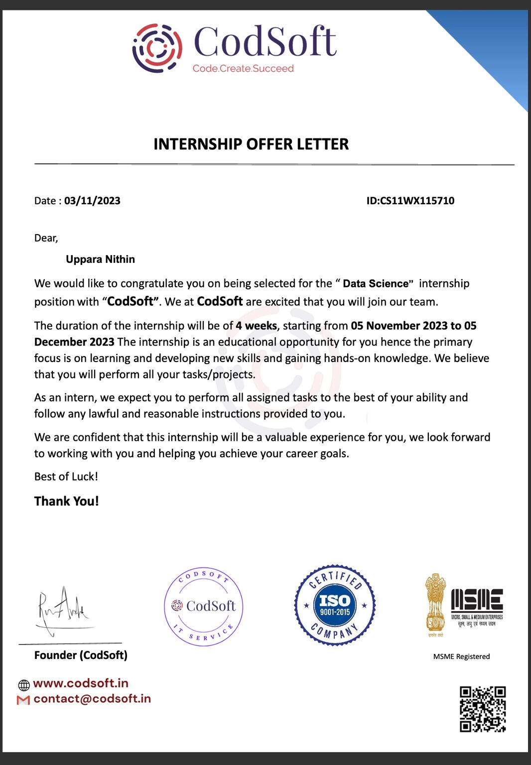 NITHIN UPPARA on LinkedIn: #internship #codsoft #datascience NITHIN UPPARA on LinkedIn: #internship #codsoft #datascience