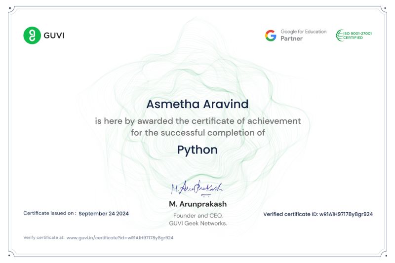 Asmetha Aravind on LinkedIn: #python #coding #guvi #learning #programming Asmetha Aravind on LinkedIn: #python #coding #guvi #learning #programming