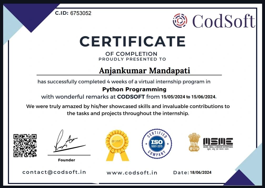 Anjan Kumar Mandapati on LinkedIn: #python #pythondeveloper #codsoft # ... Anjan Kumar Mandapati on LinkedIn: #python #pythondeveloper #codsoft # ...
