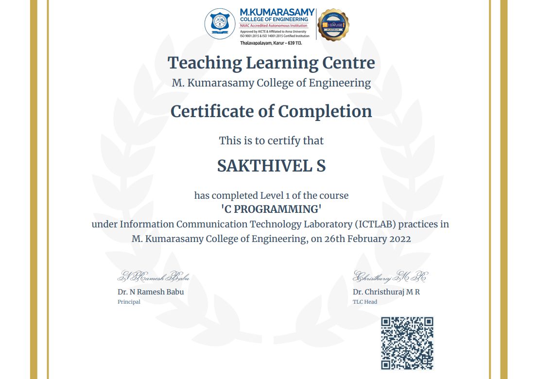 Successfully completed 100 programs in C Programming 🎉 | SAKTHIVEL SELVARAJ Successfully completed 100 programs in C Programming 🎉 | SAKTHIVEL SELVARAJ