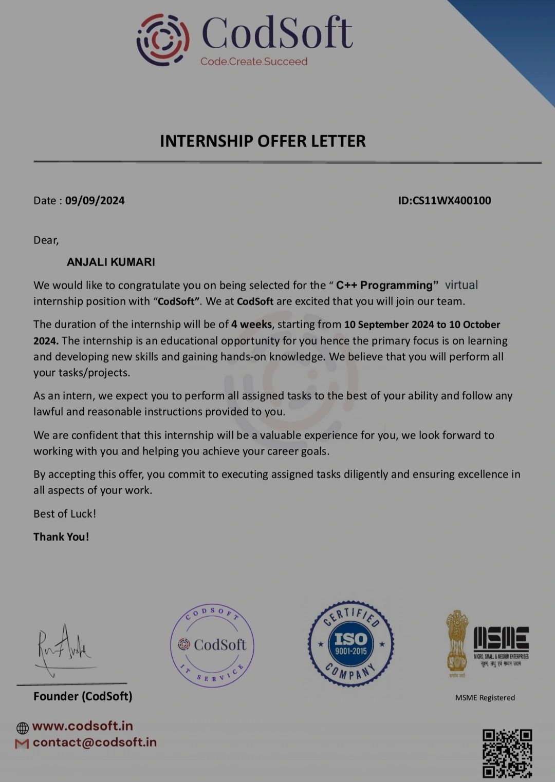 Anjali Kumari on LinkedIn: #internship #codesoft #cplusplus # ... Anjali Kumari on LinkedIn: #internship #codesoft #cplusplus # ...