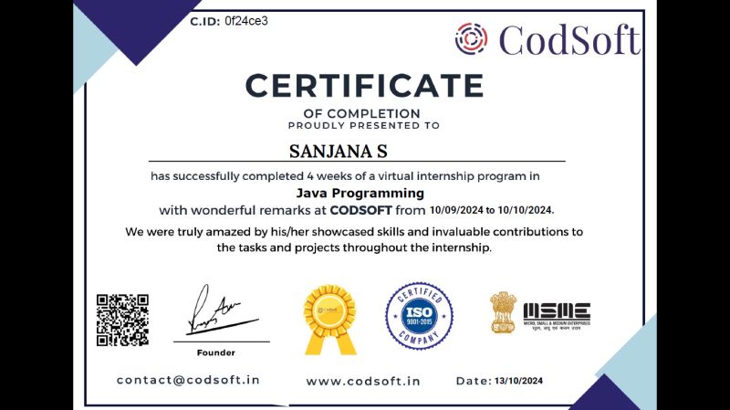 Sanjana S on LinkedIn: #java #programming #internship #codsoft # ... Sanjana S on LinkedIn: #java #programming #internship #codsoft # ...