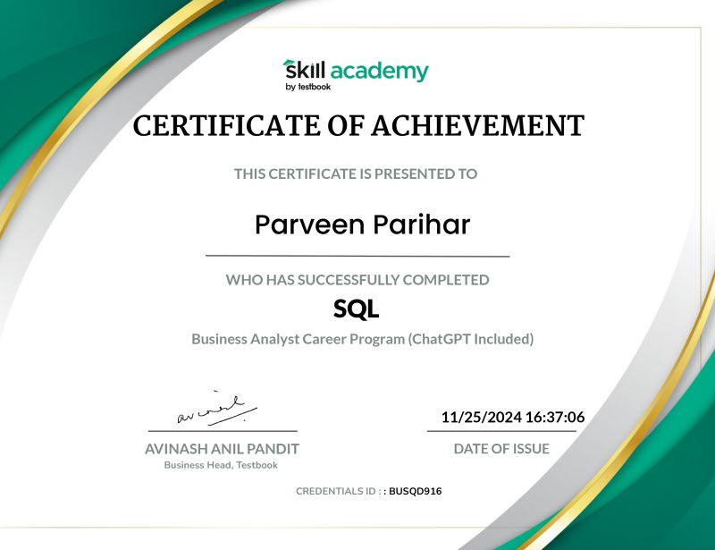 Praveen Parihar on LinkedIn: #completed #sql #businessanalyst # ... Praveen Parihar on LinkedIn: #completed #sql #businessanalyst # ...