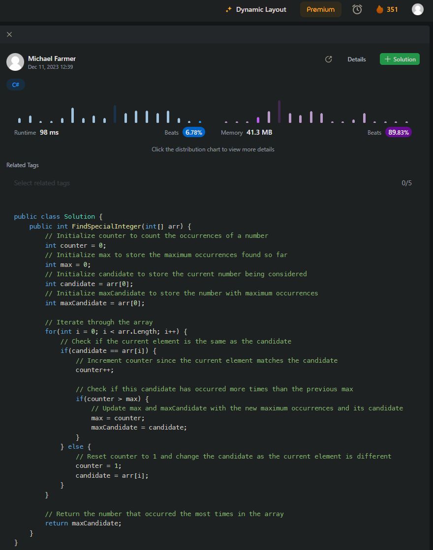 Michael Farmer on LinkedIn: Day 351 of Daily LeetCode | 1287. Element ... Michael Farmer on LinkedIn: Day 351 of Daily LeetCode | 1287. Element ...