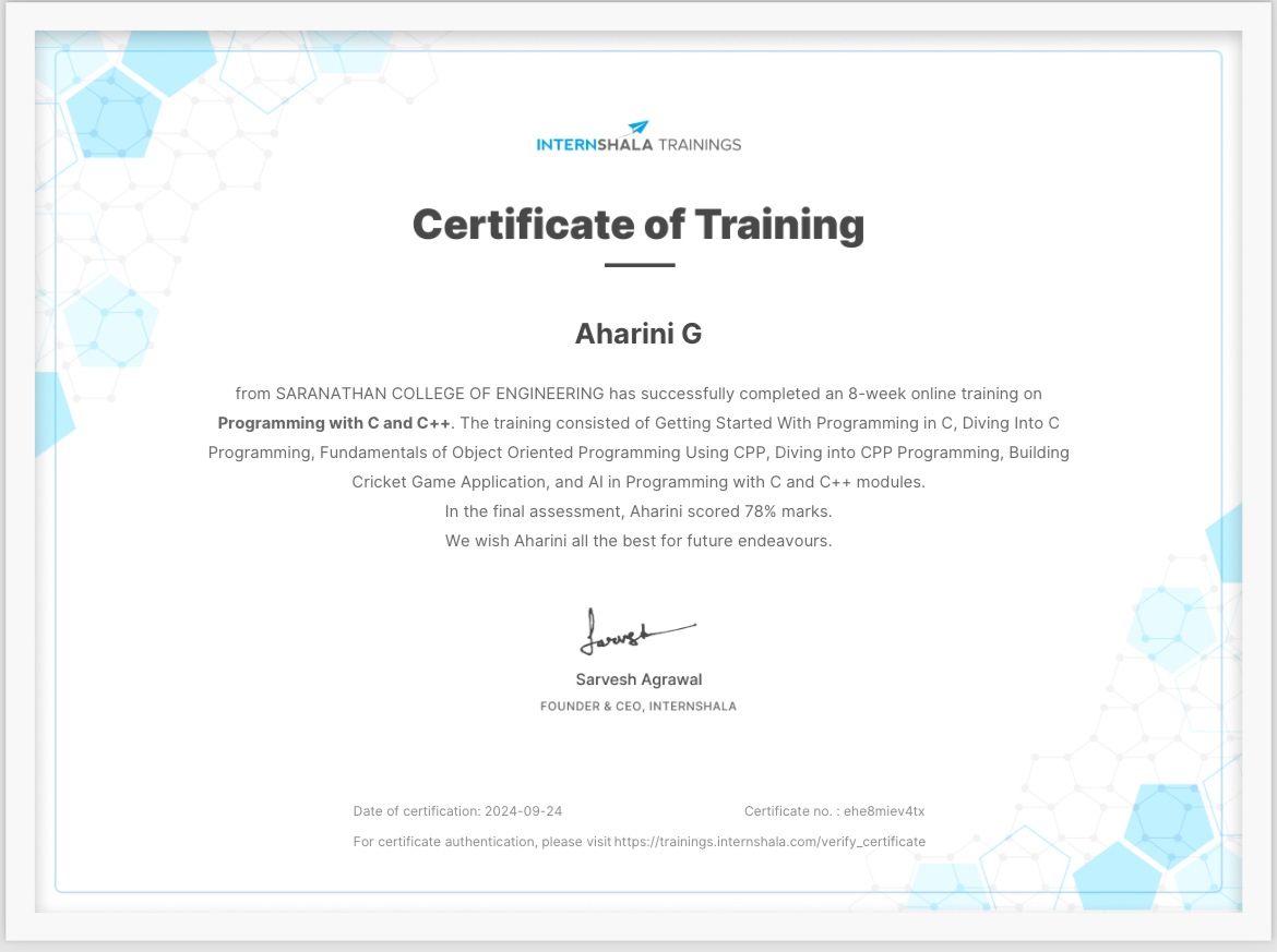 Aharini G on LinkedIn: #cprogramming #cplusplus #internshala # ... Aharini G on LinkedIn: #cprogramming #cplusplus #internshala # ...