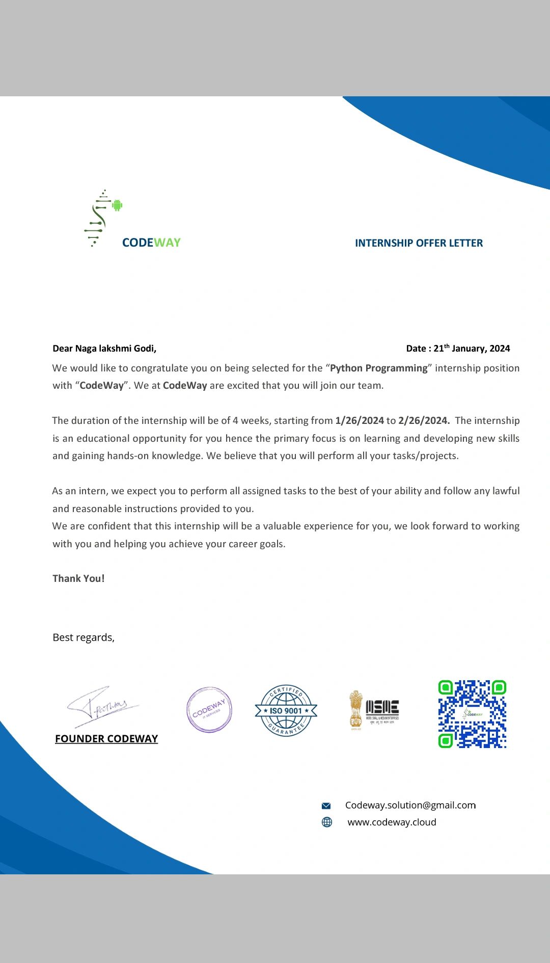 Naga Lakshmi GODI on LinkedIn: #codeway #pythonprogramming #internship Naga Lakshmi GODI on LinkedIn: #codeway #pythonprogramming #internship