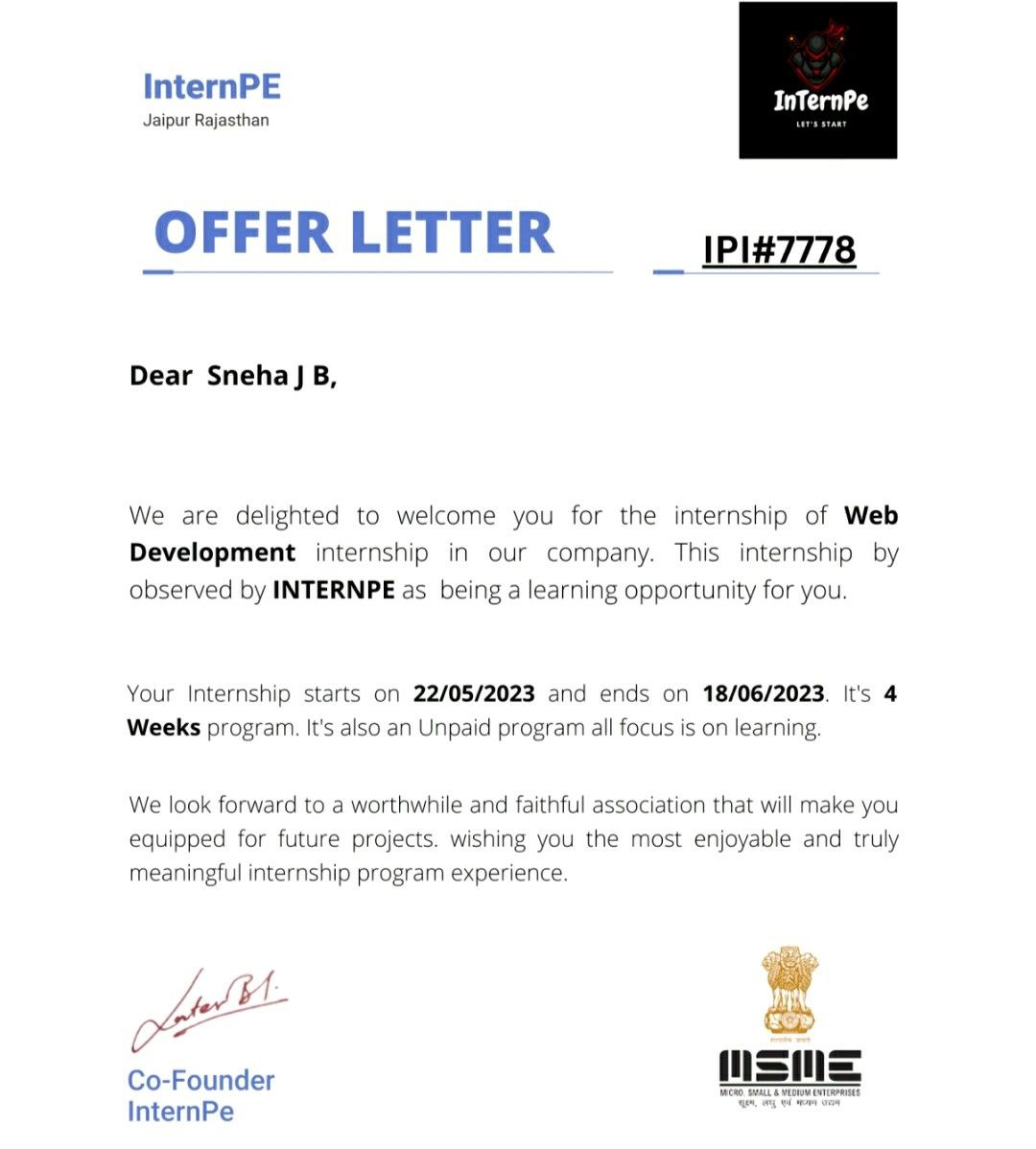 Sneha JB on LinkedIn: Internpe#@ Sneha JB on LinkedIn: Internpe#@