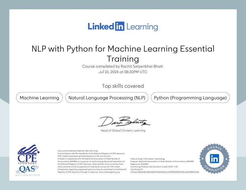 Finished NLP with Python course on LinkedIn Learning | Rachit Bhatt ... Finished NLP with Python course on LinkedIn Learning | Rachit Bhatt ...