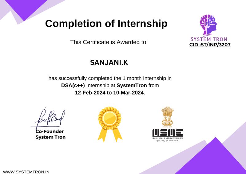 Sanjani kumar on LinkedIn: #dsa #internship #systemtron #learningjourney Sanjani kumar on LinkedIn: #dsa #internship #systemtron #learningjourney