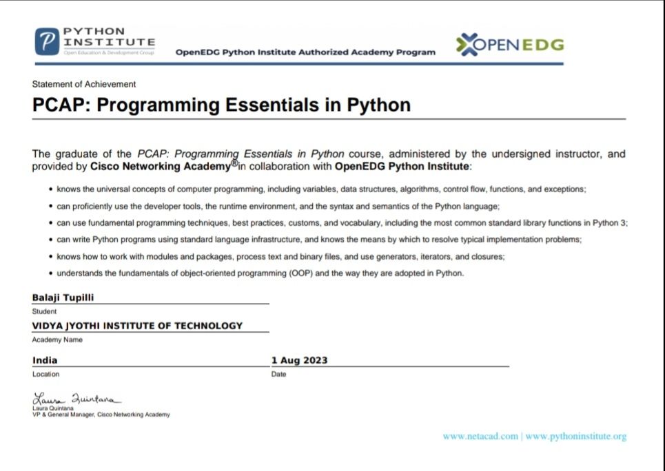 Completion of Programming Essentials in Python | balaji tupilli posted ... Completion of Programming Essentials in Python | balaji tupilli posted ...