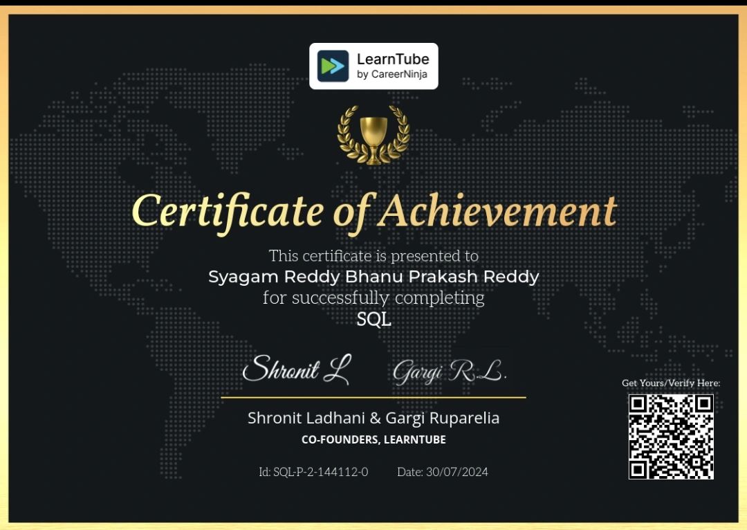 Completed SQL course on LearnTube | Syagam Reddy Bhanu Prakash Reddy ... Completed SQL course on LearnTube | Syagam Reddy Bhanu Prakash Reddy ...