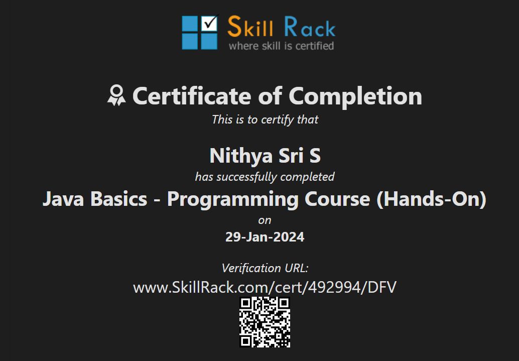 Nithya Sri Sivakumar on LinkedIn: Successfully completed Java ... Nithya Sri Sivakumar on LinkedIn: Successfully completed Java ...
