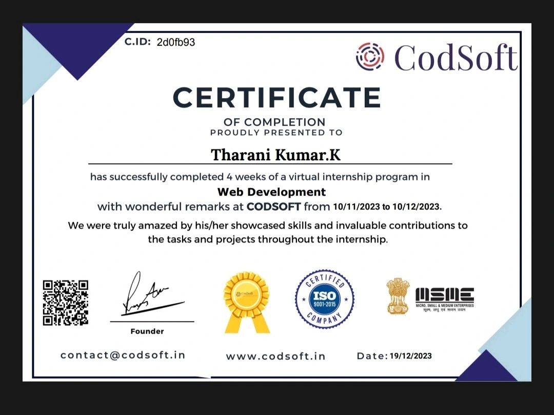 Tharani kumar on LinkedIn: #codesoft #webdevelopment #codesoftinternship Tharani kumar on LinkedIn: #codesoft #webdevelopment #codesoftinternship