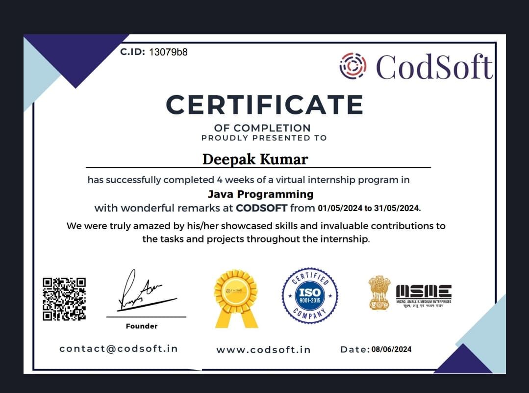 Finished java programming internship at CodSoft | Deepak kumar posted ... Finished java programming internship at CodSoft | Deepak kumar posted ...