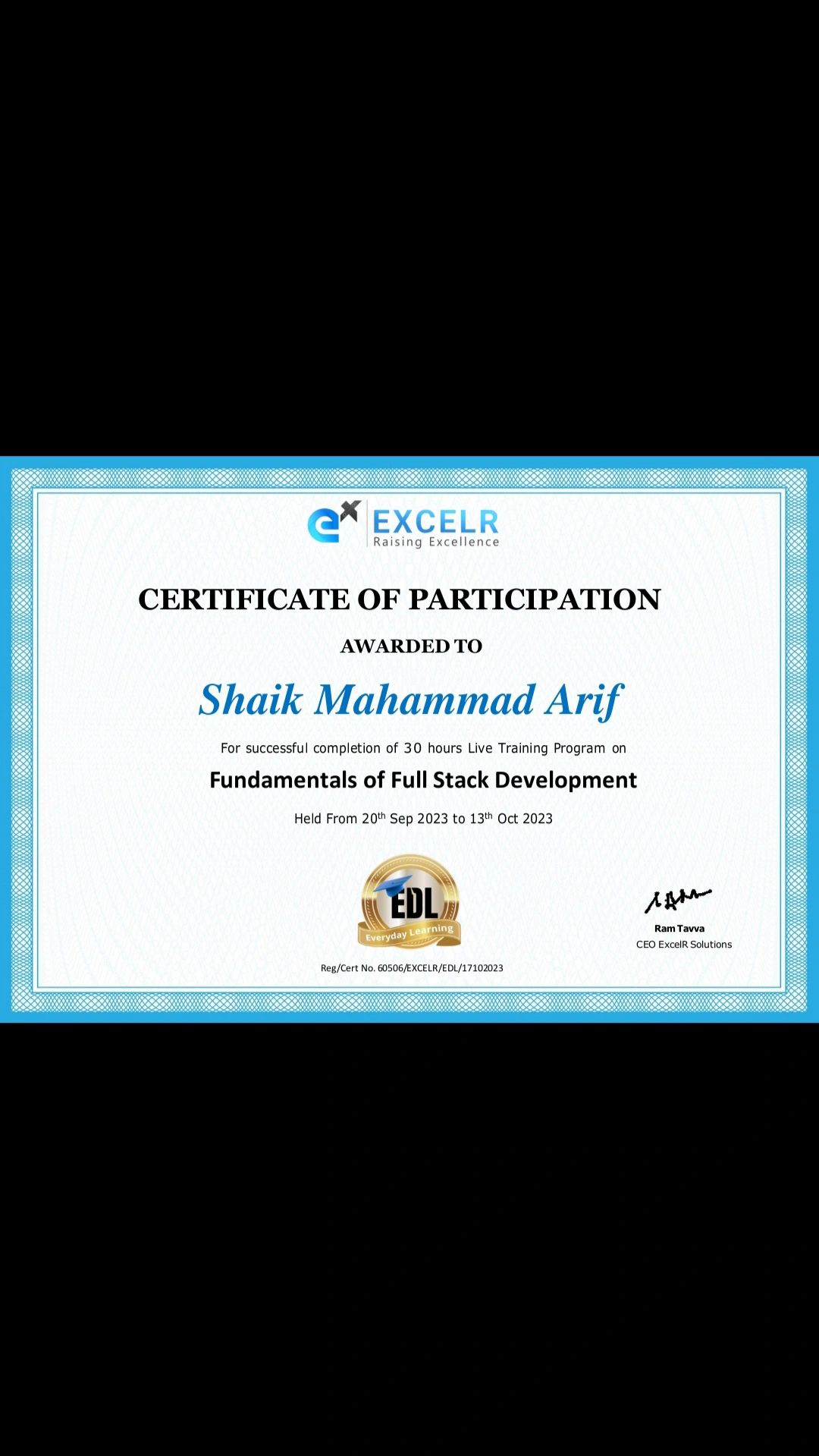 mahammad Arif shaik on LinkedIn: EXCELR CERTIFICATION FOR FUNDAMENTAL ... mahammad Arif shaik on LinkedIn: EXCELR CERTIFICATION FOR FUNDAMENTAL ...